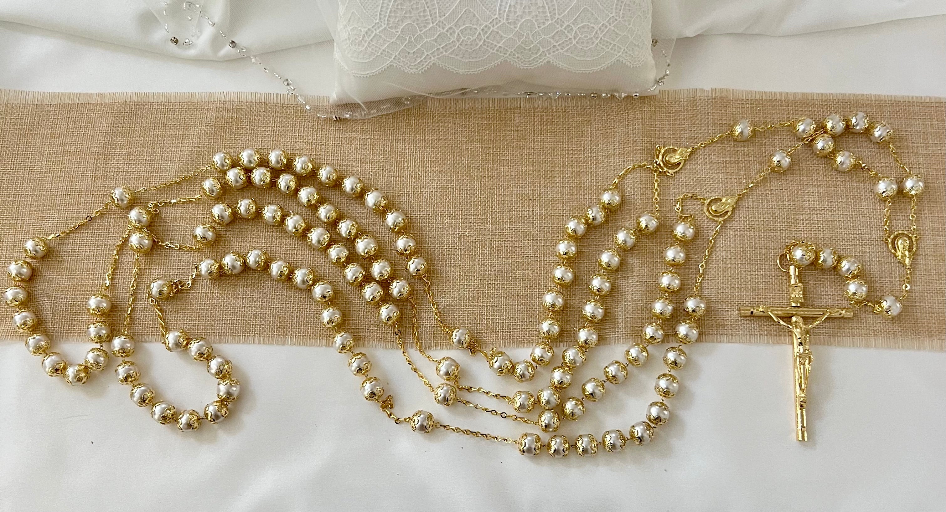Wedding Lasso Rosary with Cross ,Ivory Pearl Gold Chain Lazo para Boda ...