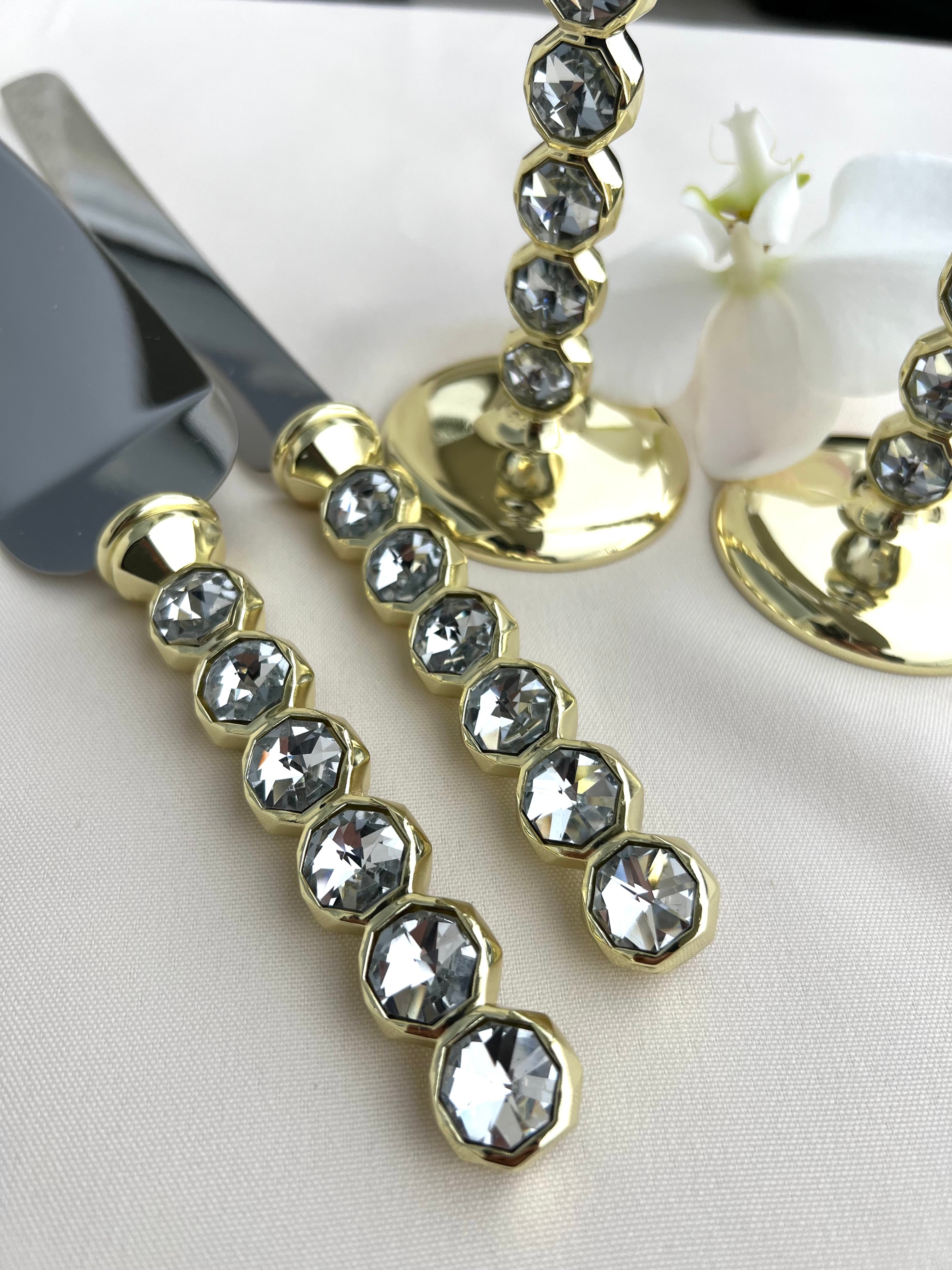 Wedding Champagne Flutes and Cake Set, Rhinestones Jewels Toast Set ...